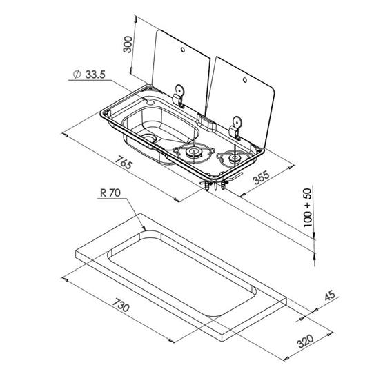 CAN Randi Hob & LH Sink Unit 765 x 355mm (Double Glass Lid / 2 Burners ...