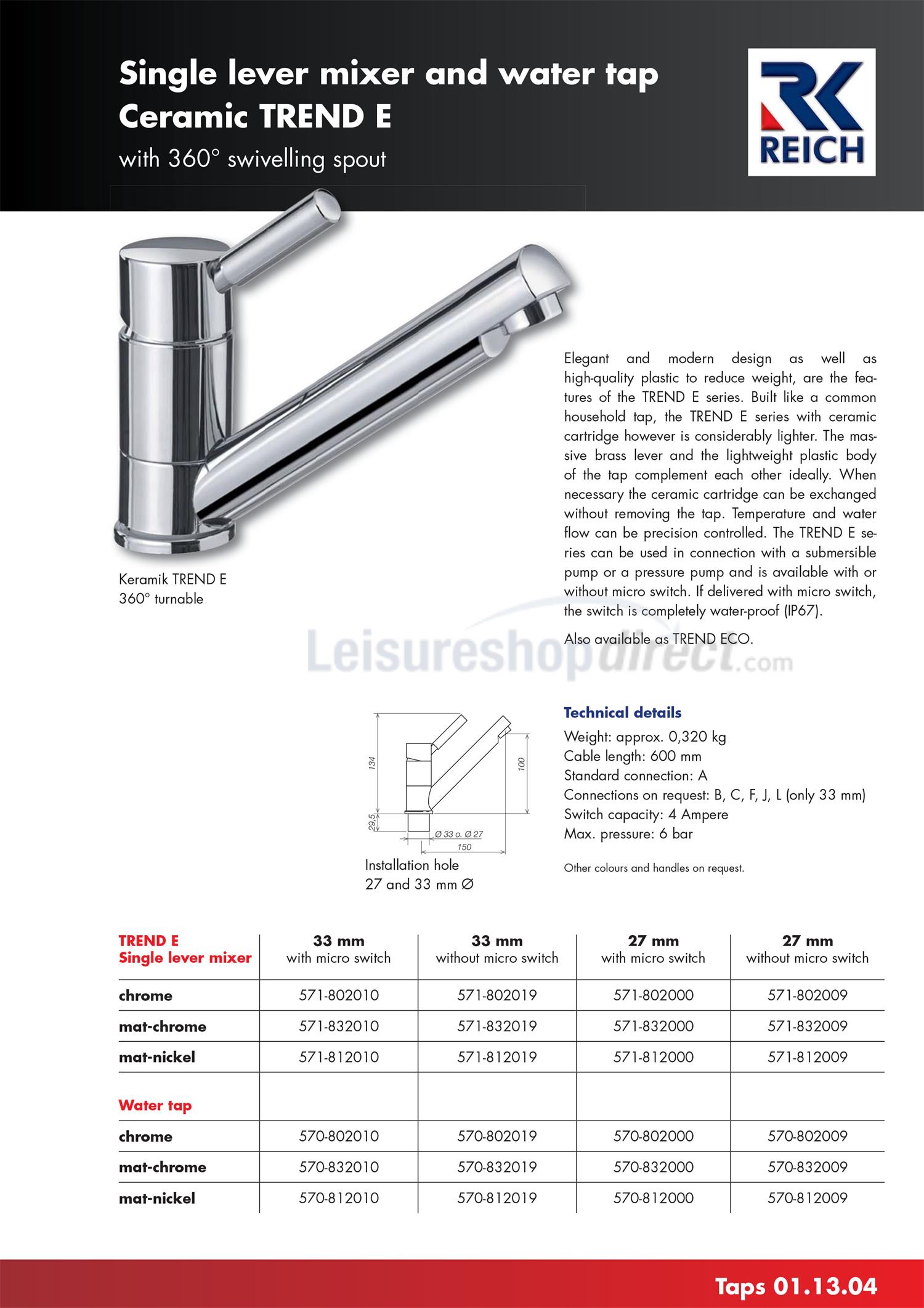 Reich Keramik Trend E Single Lever Mixer Tap 33mm with micro switch ...