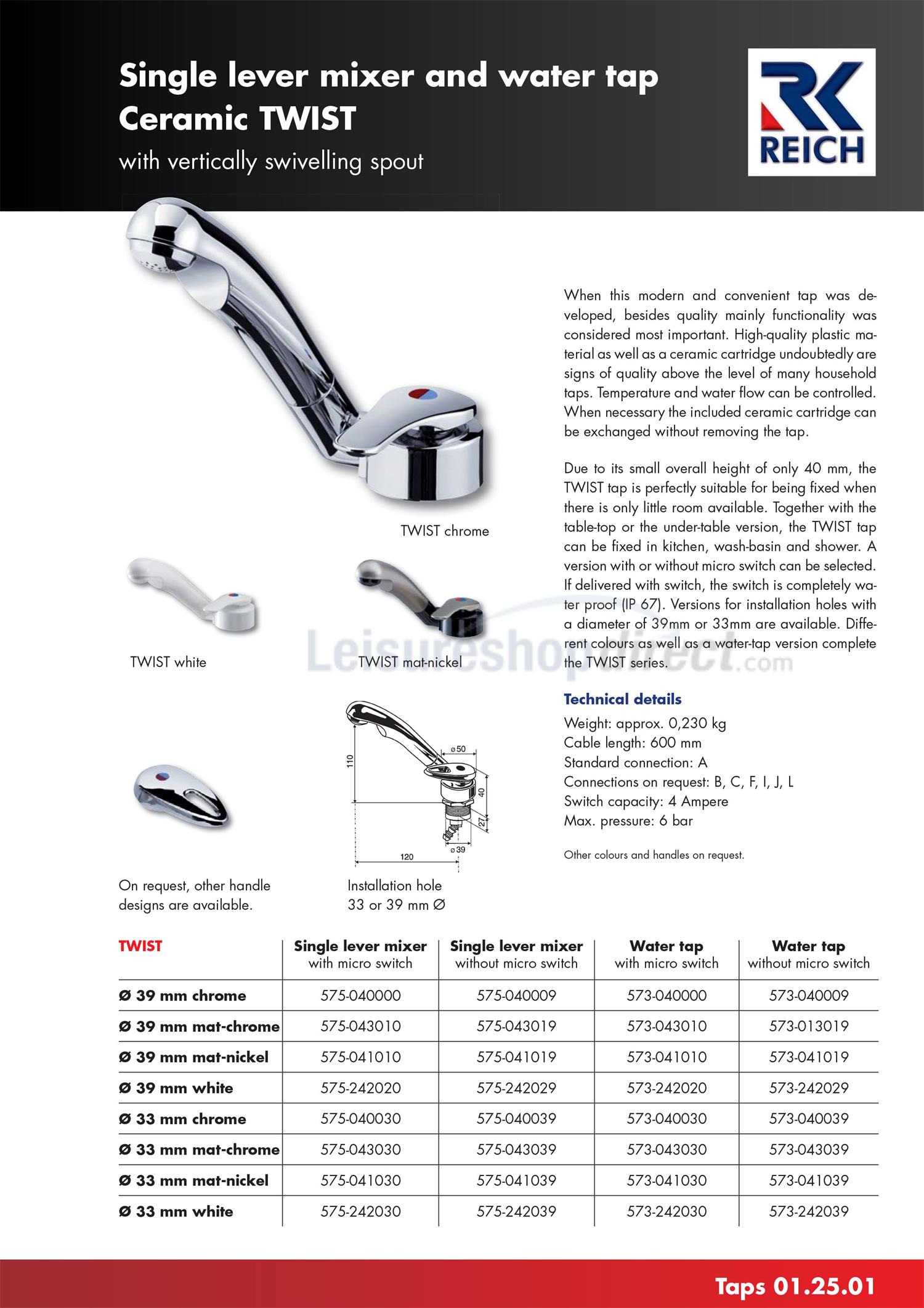 Reich Twist Mixer Tap Chrome - Right Hand | Reich Keramik TWIST Single ...