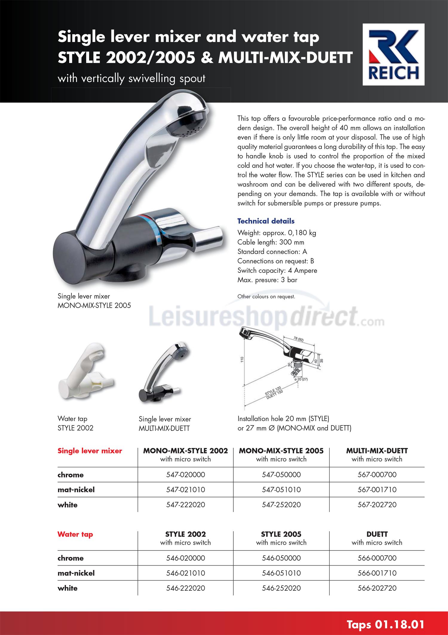 Reich Mono-Mix Shower Tap- white | Reich Taps | Leisureshopdirect